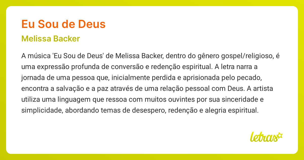 Significado da música EU SOU DE DEUS (Melissa Backer) - LETRAS.MUS.BR
