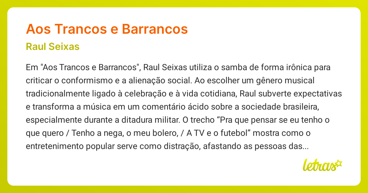 Significado da música AOS TRANCOS E BARRANCOS (Raul Seixas) - LETRAS.MUS.BR