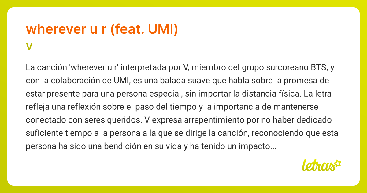 Significado de la canción WHEREVER U R (FEAT. UMI) (V ) - LETRAS.COM