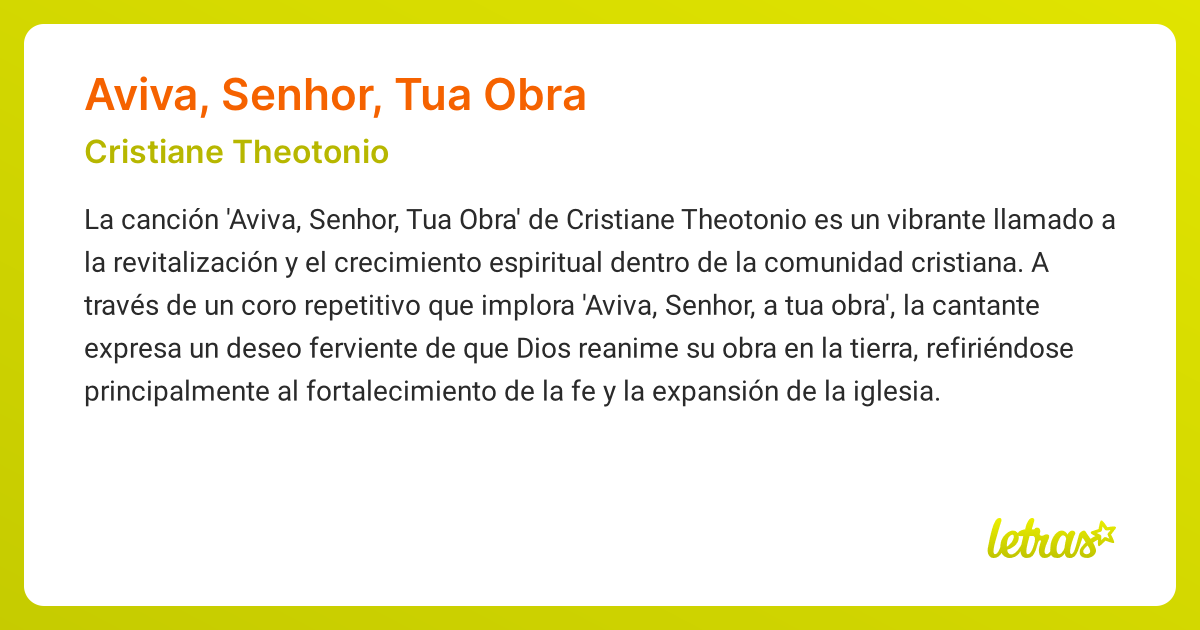 Significado de la canción AVIVA, SENHOR, TUA OBRA (Cristiane Theotonio ...