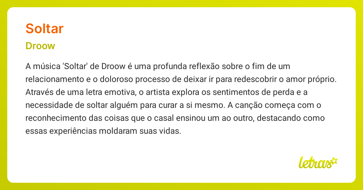Significado da música SOLTAR (Droow) - LETRAS.MUS.BR