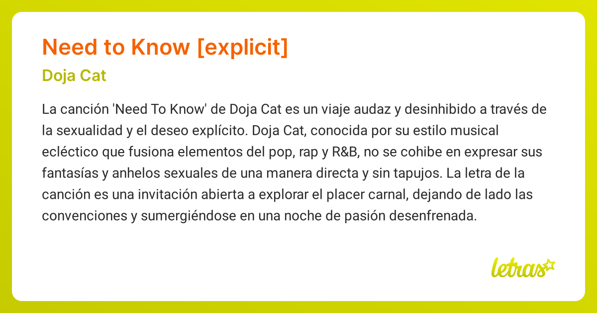 Significado de la canción NEED TO KNOW [EXPLICIT] (Doja Cat) - LETRAS.COM