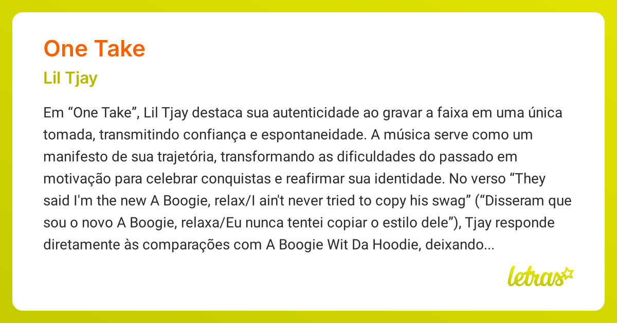 Significado da música ONE TAKE (Lil Tjay) - LETRAS.MUS.BR