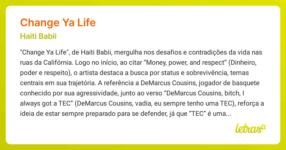 Significado da música CHANGE YA LIFE (Haiti Babii) - LETRAS.MUS.BR