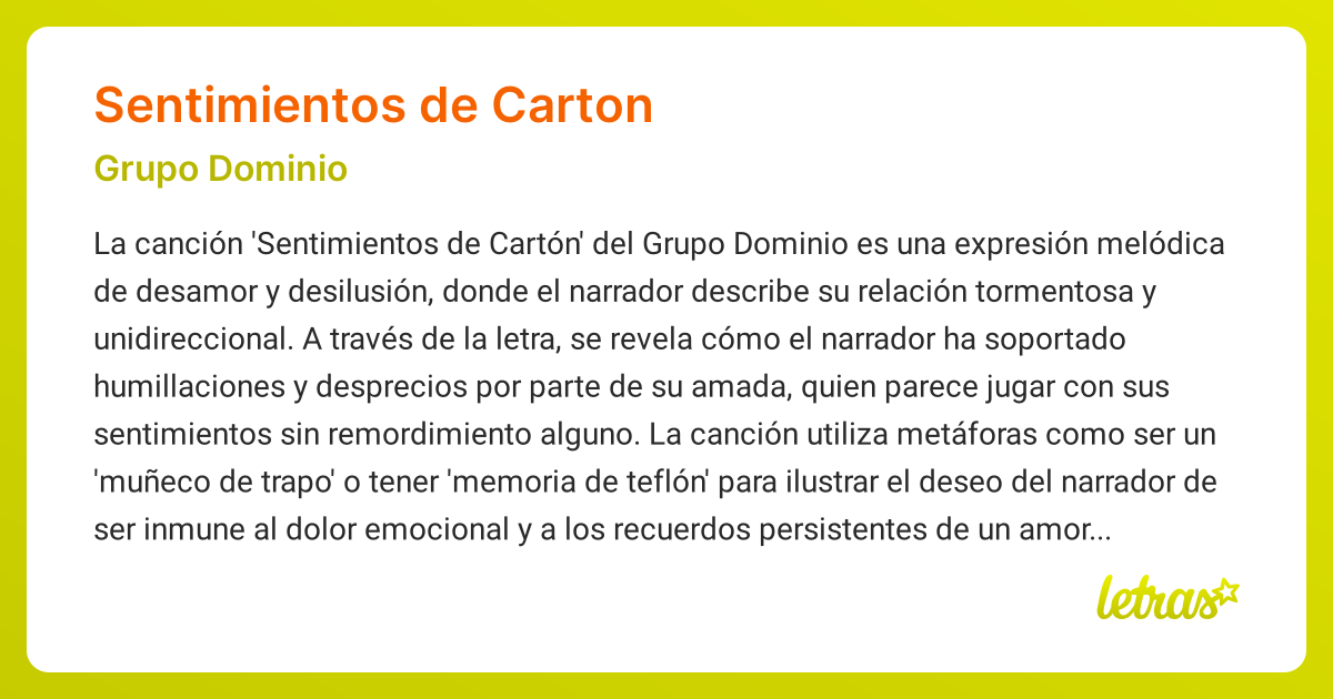 Significado de la canción SENTIMIENTOS DE CARTON (Grupo Dominio ...