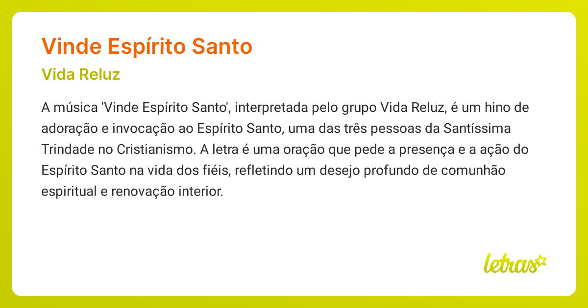 Significado da música VINDE ESPÍRITO SANTO (Vida Reluz) - LETRAS.MUS.BR