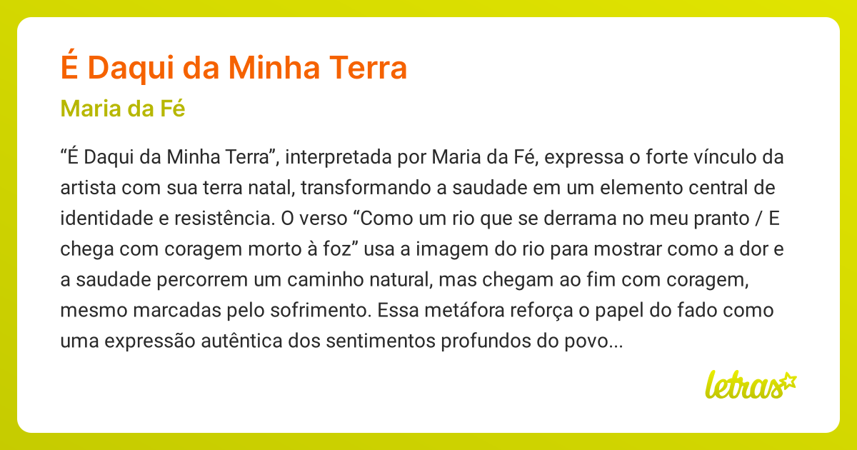 Significado da música É DAQUI DA MINHA TERRA (Maria da Fé) - LETRAS.MUS.BR
