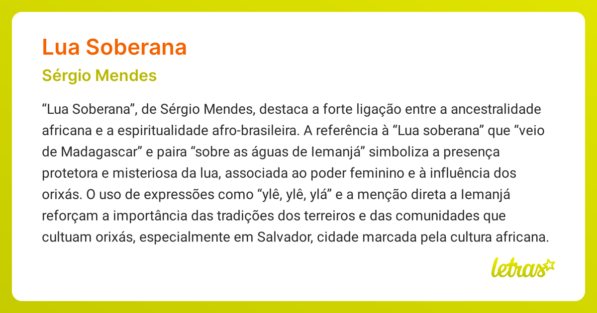 Significado da música LUA SOBERANA (Sérgio Mendes) - LETRAS.MUS.BR