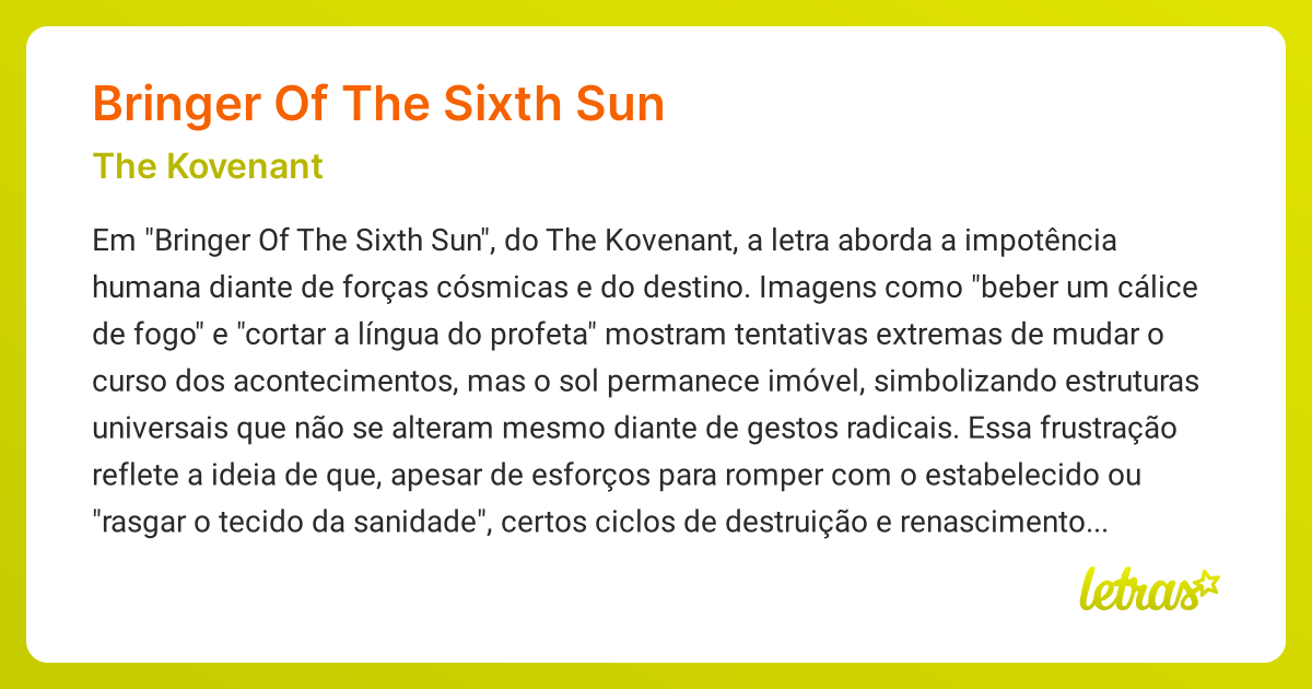Significado da música BRINGER OF THE SIXTH SUN (The Kovenant) - LETRAS ...
