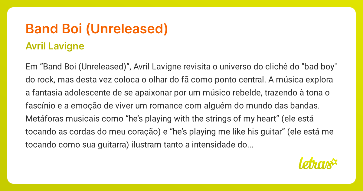 Significado da música BAND BOI (UNRELEASED) (Avril Lavigne) - LETRAS.MUS.BR