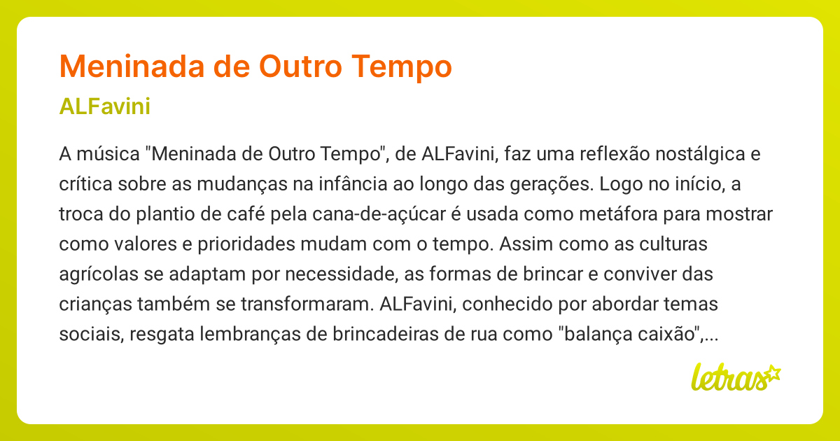 Significado da música MENINADA DE OUTRO TEMPO (ALFavini) - LETRAS.MUS.BR