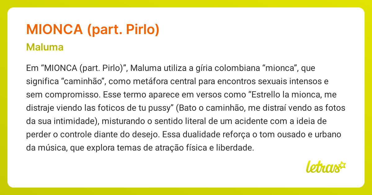 Significado da música MIONCA (PART. PIRLO) (Maluma) - LETRAS.MUS.BR