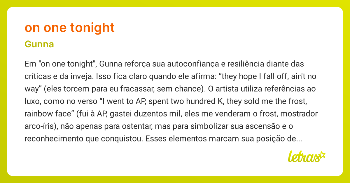 Significado da música ON ONE TONIGHT (Gunna) - LETRAS.MUS.BR