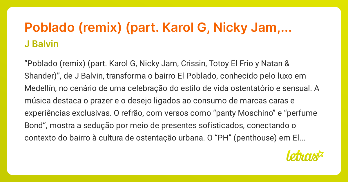 Significado da música Poblado (remix) (part. Karol G, Nicky Jam ...