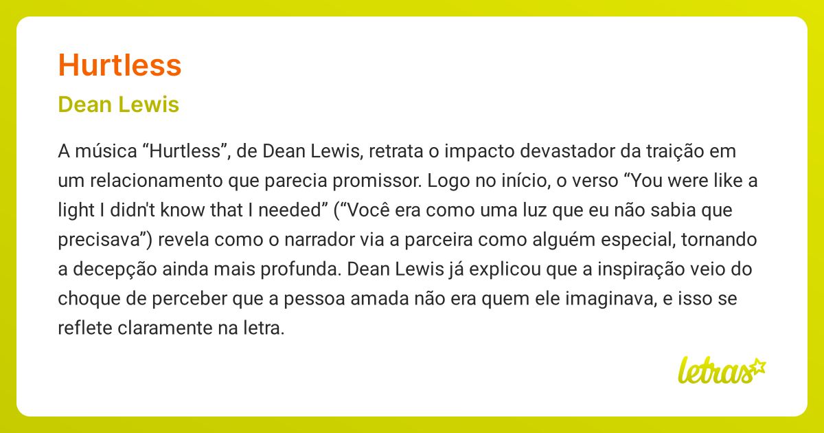 Significado da música HURTLESS (Dean Lewis) - LETRAS.MUS.BR