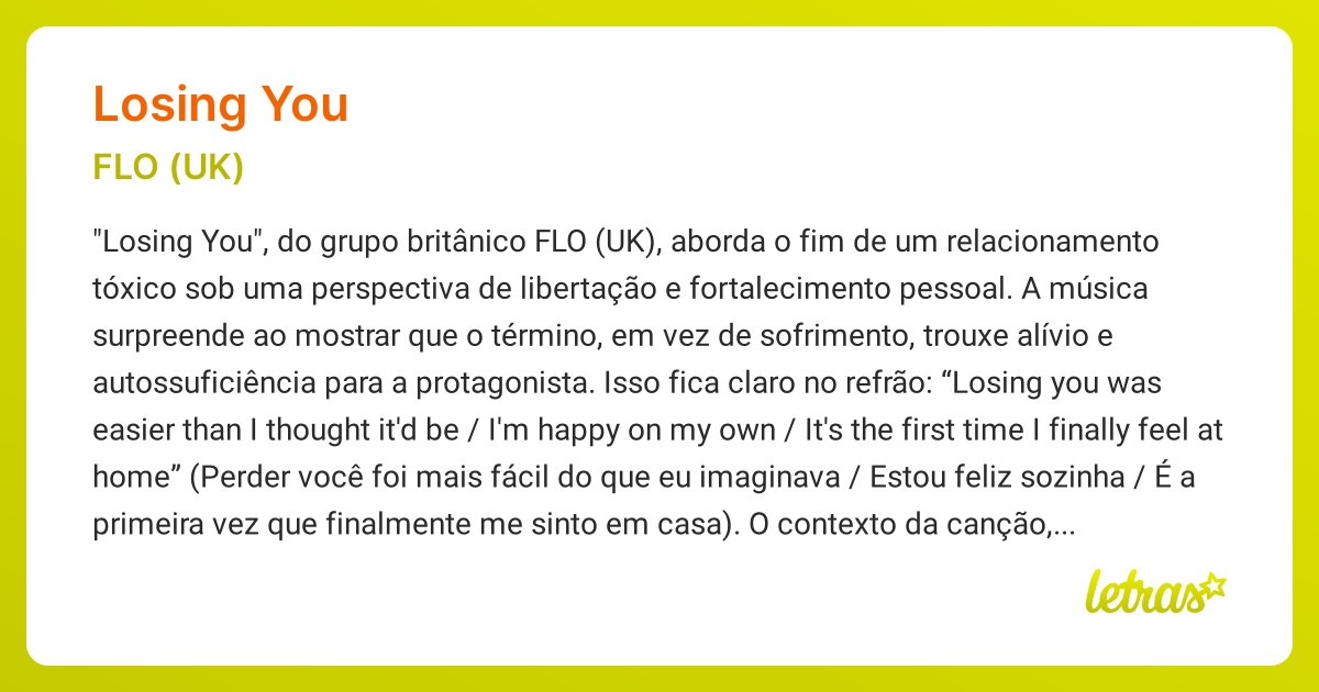 Significado da música LOSING YOU (FLO (UK)) - LETRAS.MUS.BR