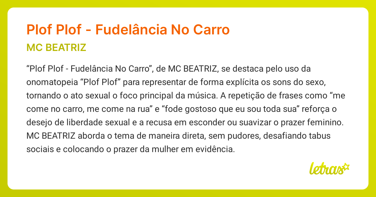 Significado da música Plof Plof - Fudelância No Carro (MC BEATRIZ ...