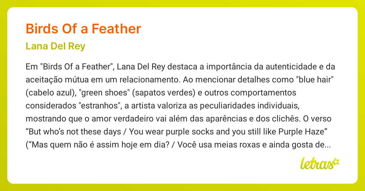 Significado da música BIRDS OF A FEATHER (Lana Del Rey) - LETRAS.MUS.BR