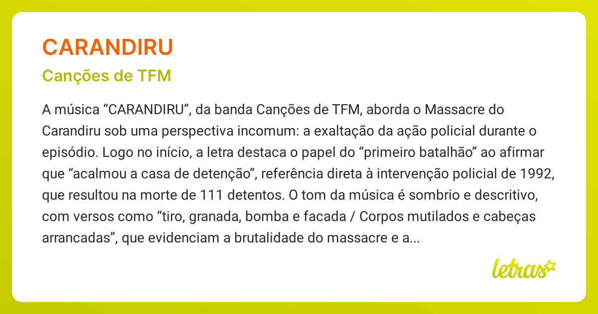 Significado da música CARANDIRU (Canções de TFM) - LETRAS.MUS.BR