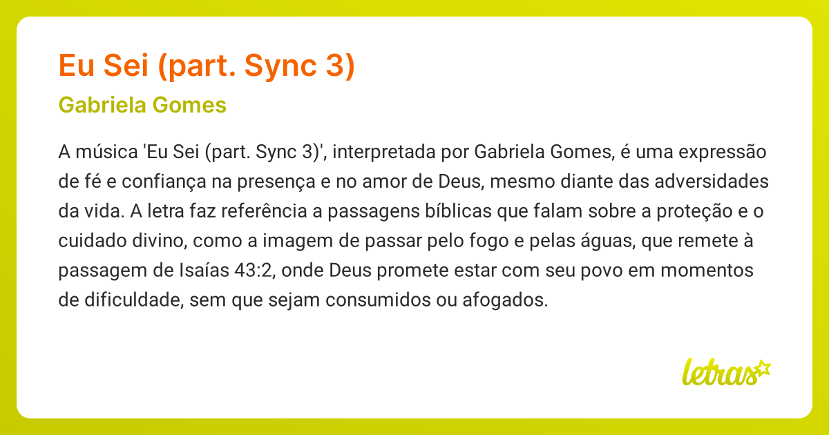 Significado da música EU SEI (PART. SYNC 3) (Gabriela Gomes) - LETRAS.MUS.BR