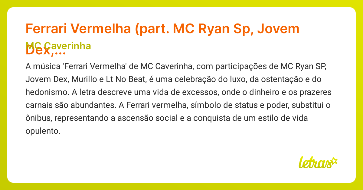Significado da música Ferrari Vermelha (part. MC Ryan Sp, Jovem Dex ...