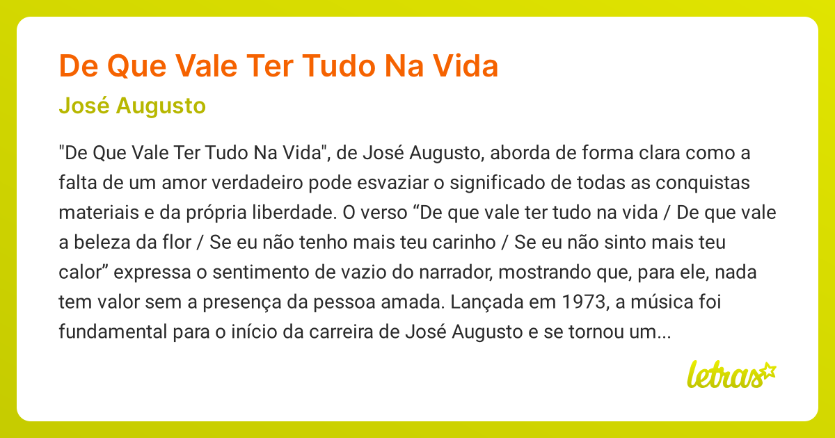 Significado da música DE QUE VALE TER TUDO NA VIDA (José Augusto ...