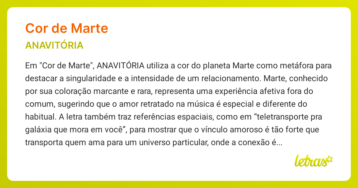 Significado da música COR DE MARTE (ANAVITÓRIA) - LETRAS.MUS.BR