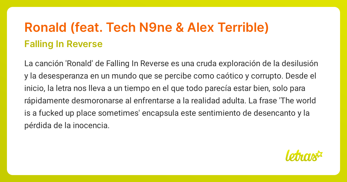 Significado de la canción Ronald (feat. Tech N9ne & Alex Terrible ...