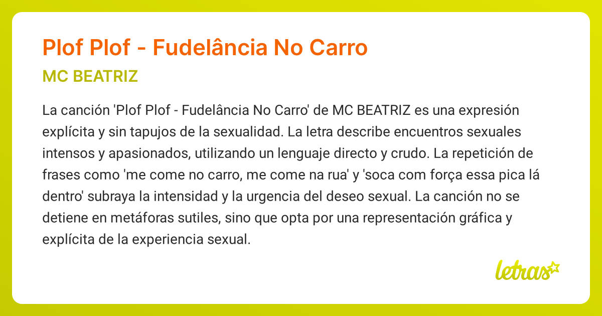 Significado de la canción Plof Plof - Fudelância No Carro (MC BEATRIZ ...