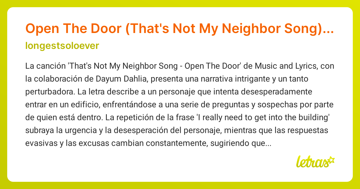 Significado de la canción Open The Door (That's Not My Neighbor Song ...