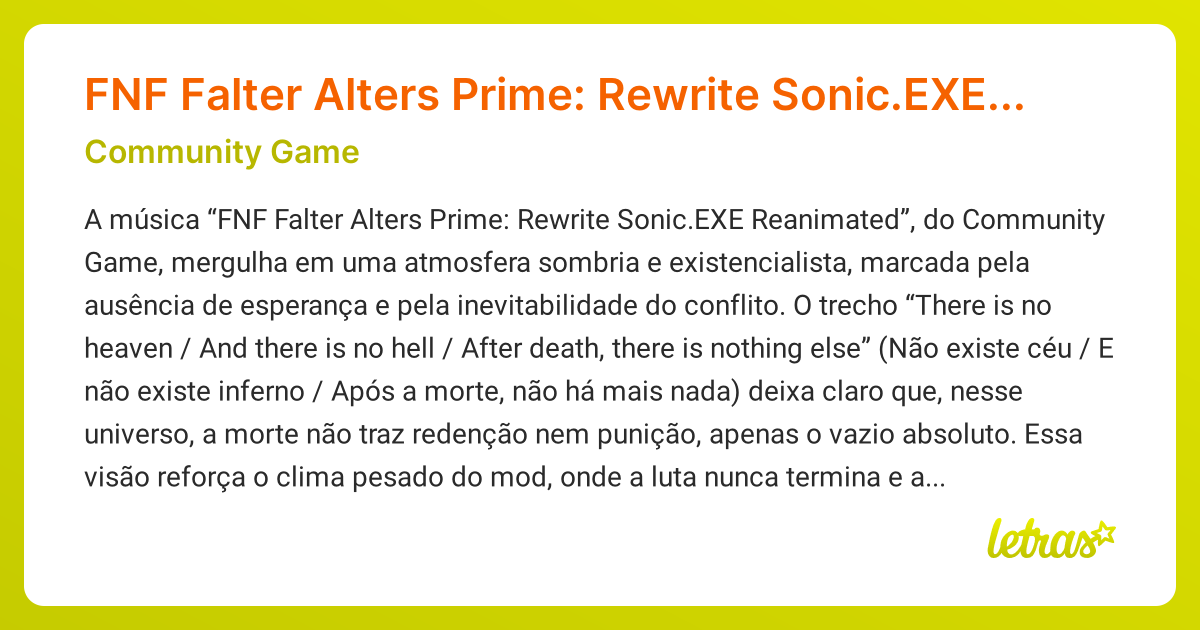 Significado da música FNF Falter Alters Prime: Rewrite Sonic.EXE ...