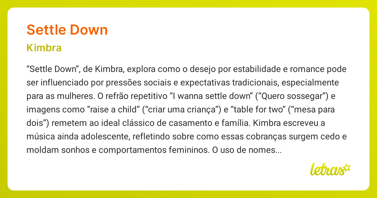 Significado da música SETTLE DOWN (Kimbra) - LETRAS.MUS.BR