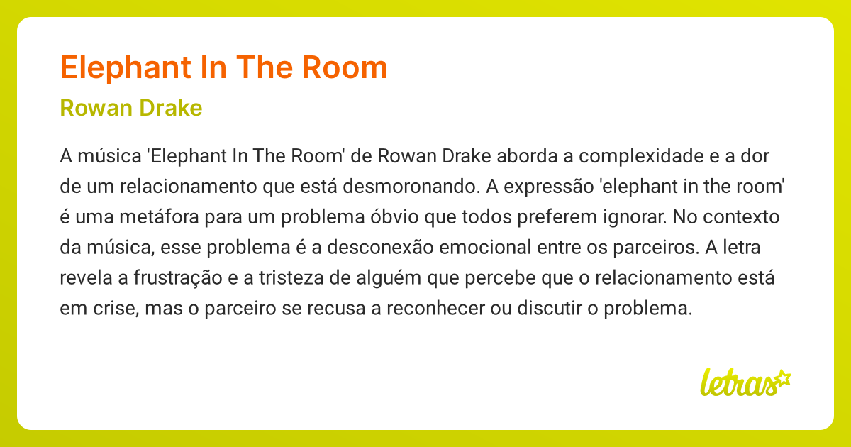 Significado da música ELEPHANT IN THE ROOM (Rowan Drake) - LETRAS.MUS.BR