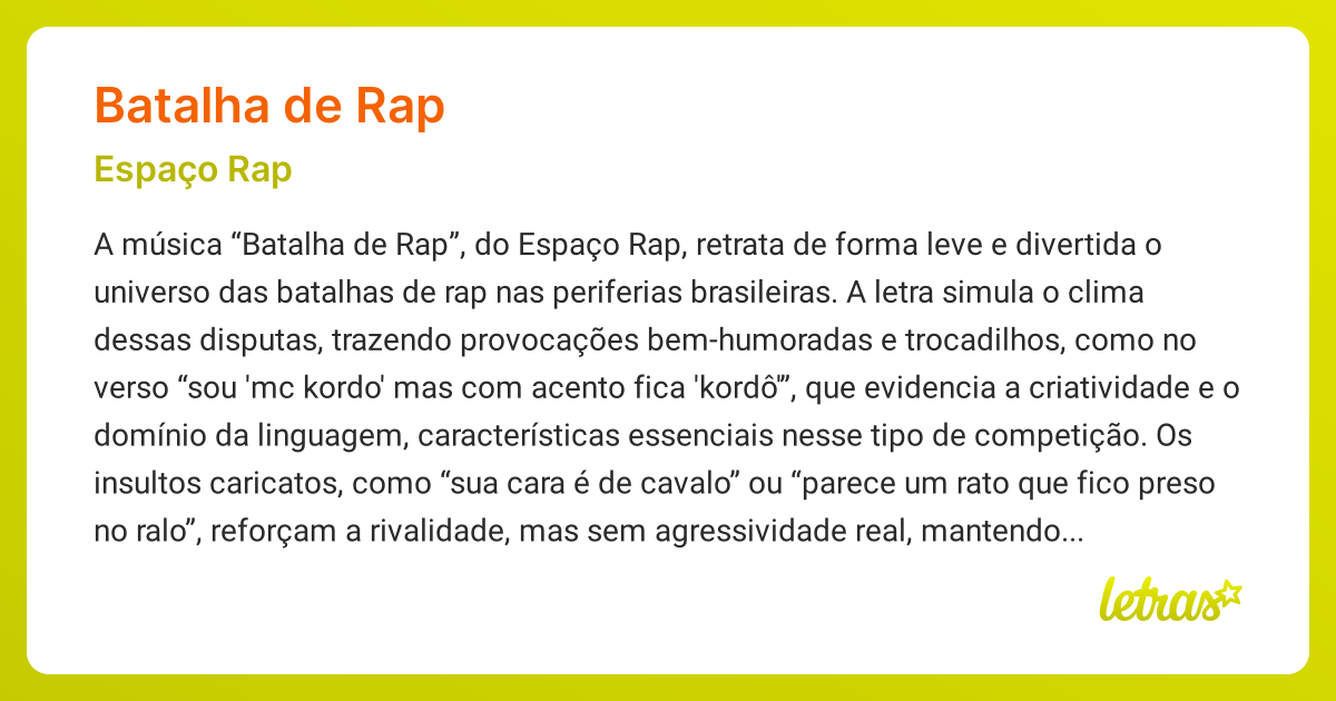 Significado da música BATALHA DE RAP (Espaço Rap) - LETRAS.MUS.BR