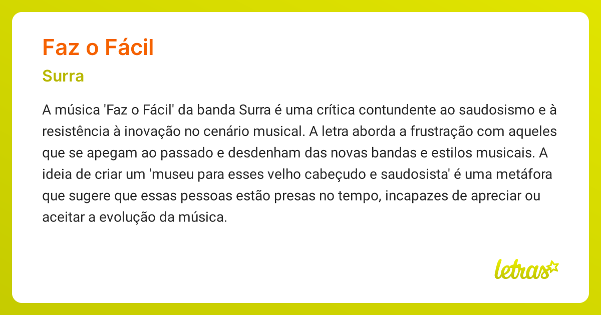 Significado da música FAZ O FÁCIL (Surra) - LETRAS.MUS.BR
