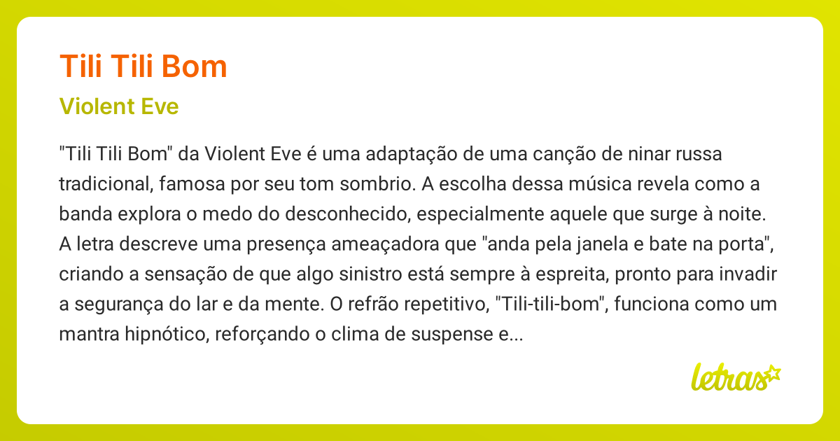 Significado da música TILI TILI BOM (Violent Eve) - LETRAS.MUS.BR