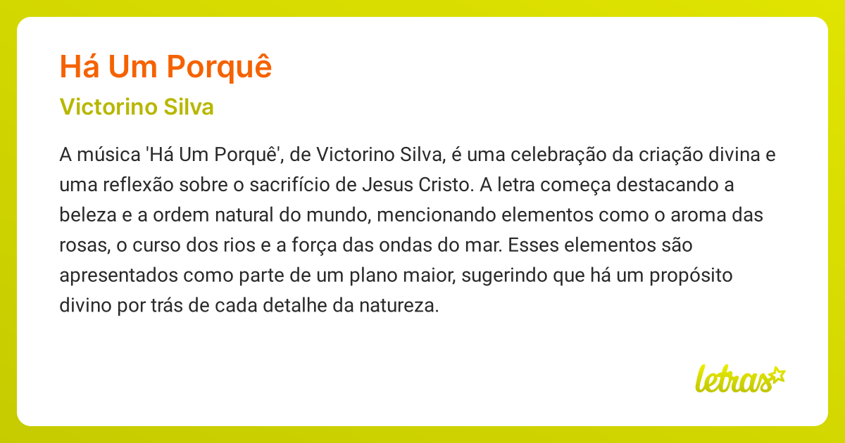 Significado da música HÁ UM PORQUÊ (Victorino Silva) - LETRAS.MUS.BR