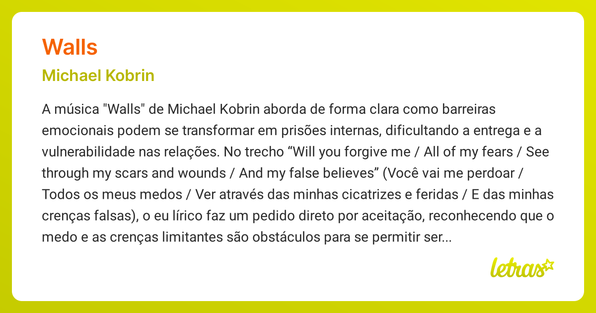 Significado da música WALLS (Michael Kobrin) - LETRAS.MUS.BR