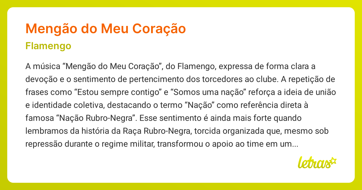 Significado da música MENGÃO DO MEU CORAÇÃO (Flamengo) - LETRAS.MUS.BR