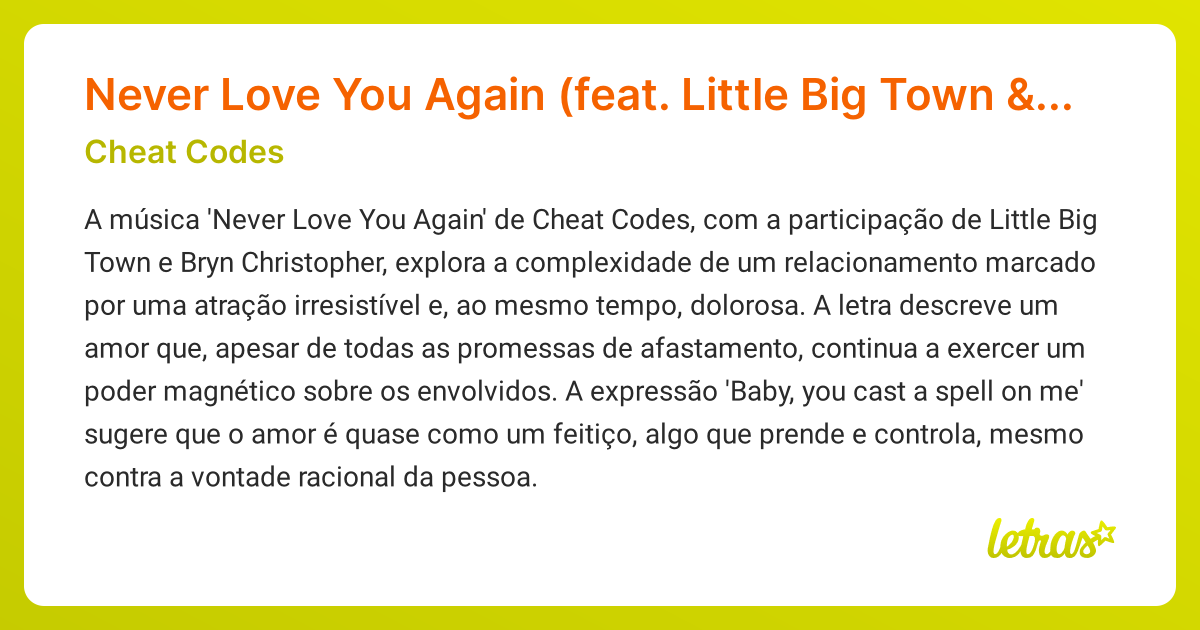 Significado da música Never Love You Again (feat. Little Big Town & Bryn Christopher) (Cheat ...