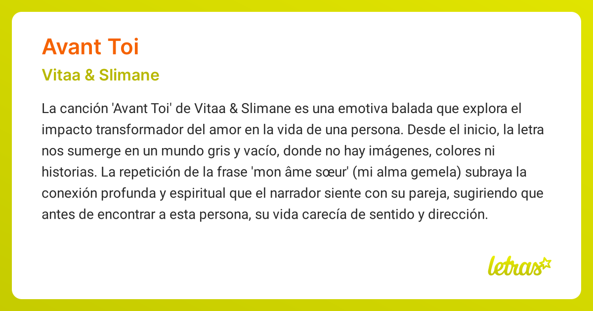 Significado de la canción AVANT TOI (Vitaa & Slimane) - LETRAS.COM