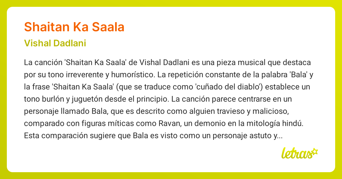Significado de la canción SHAITAN KA SAALA (Vishal Dadlani) - LETRAS.COM