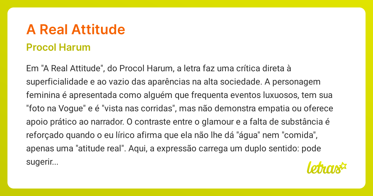 Significado da música A REAL ATTITUDE (Procol Harum) - LETRAS.MUS.BR