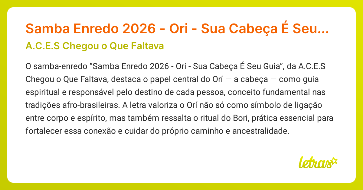Significado da música Samba Enredo 2026 - Ori - Sua Cabeça É Seu Guia ...