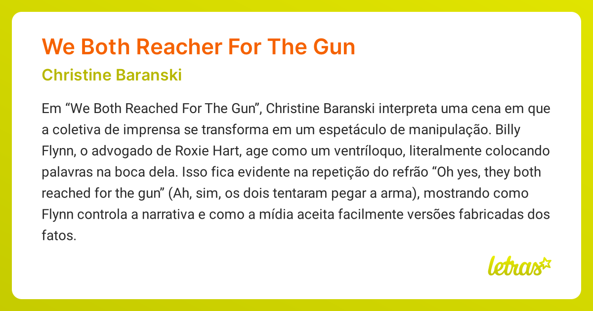 Significado da música WE BOTH REACHER FOR THE GUN (Christine Baranski ...