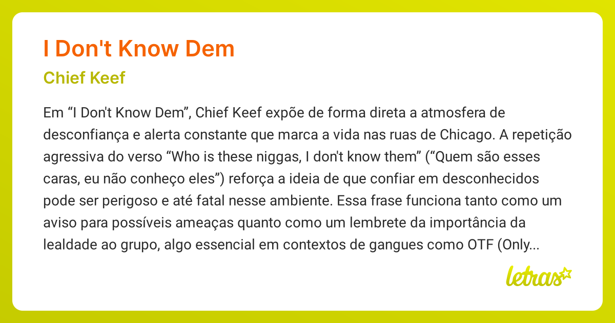 Significado da música I DON'T KNOW DEM (Chief Keef) - LETRAS.MUS.BR