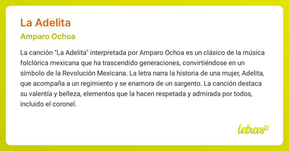 Significado de la canción LA ADELITA (Amparo Ochoa) - LETRAS.COM