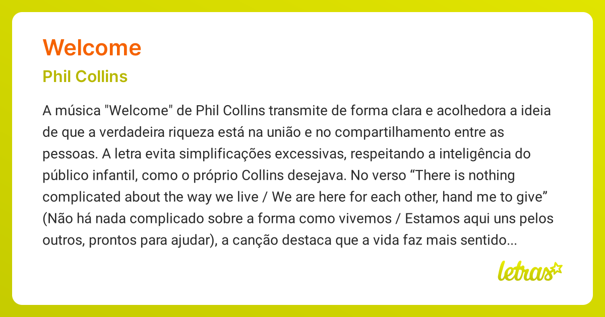 Significado da música WELCOME (Phil Collins) - LETRAS.MUS.BR
