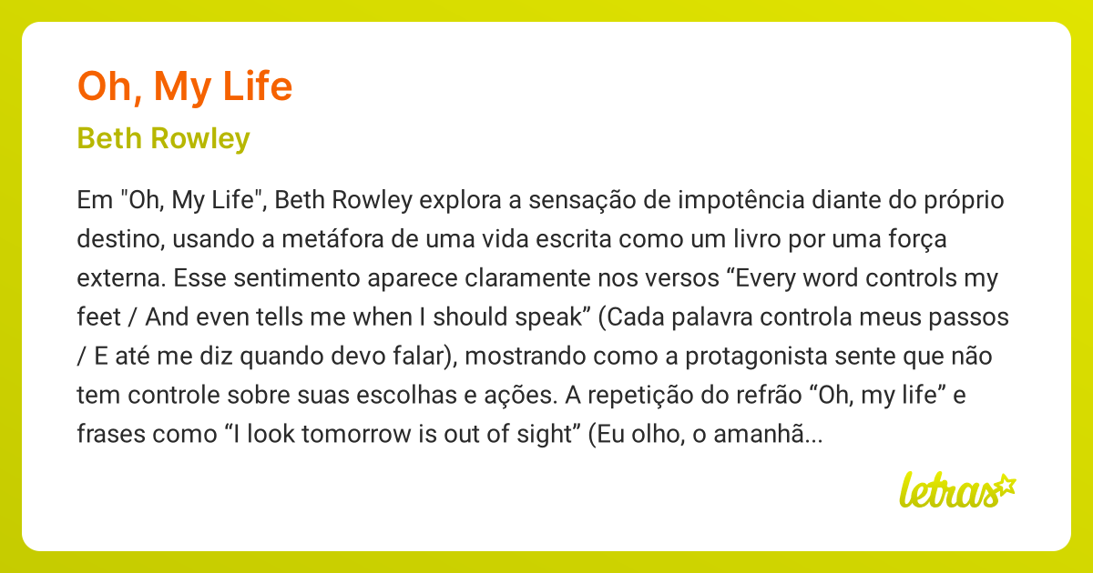 Significado da música OH, MY LIFE (Beth Rowley) - LETRAS.MUS.BR
