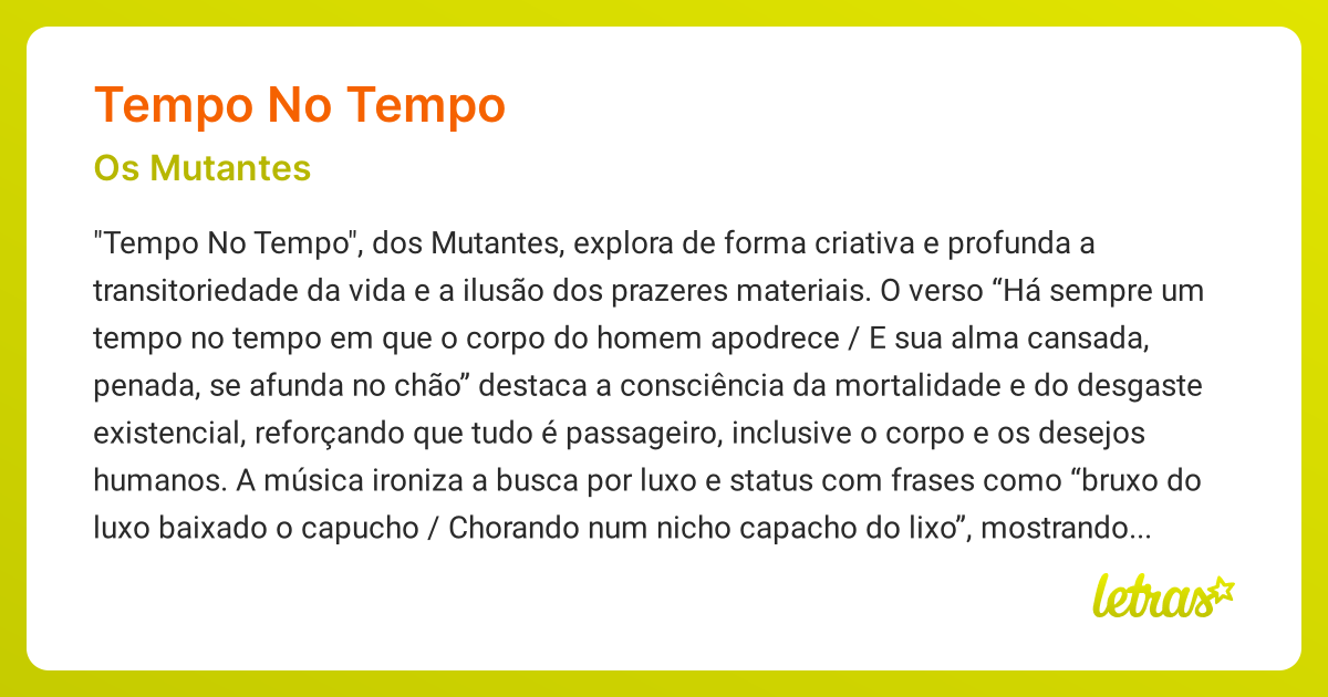 Significado da música TEMPO NO TEMPO (Os Mutantes) - LETRAS.MUS.BR